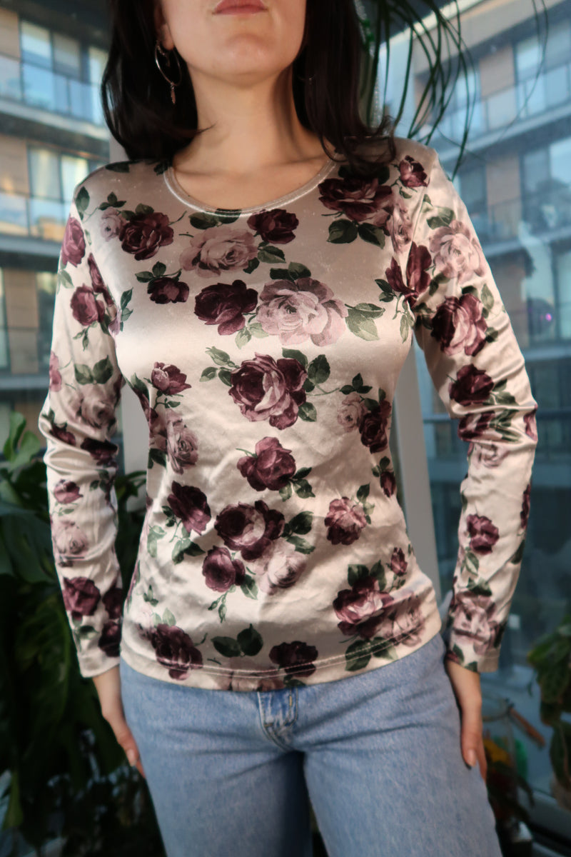 Vintage Silky Velour Roses Top – Elektra Vintage