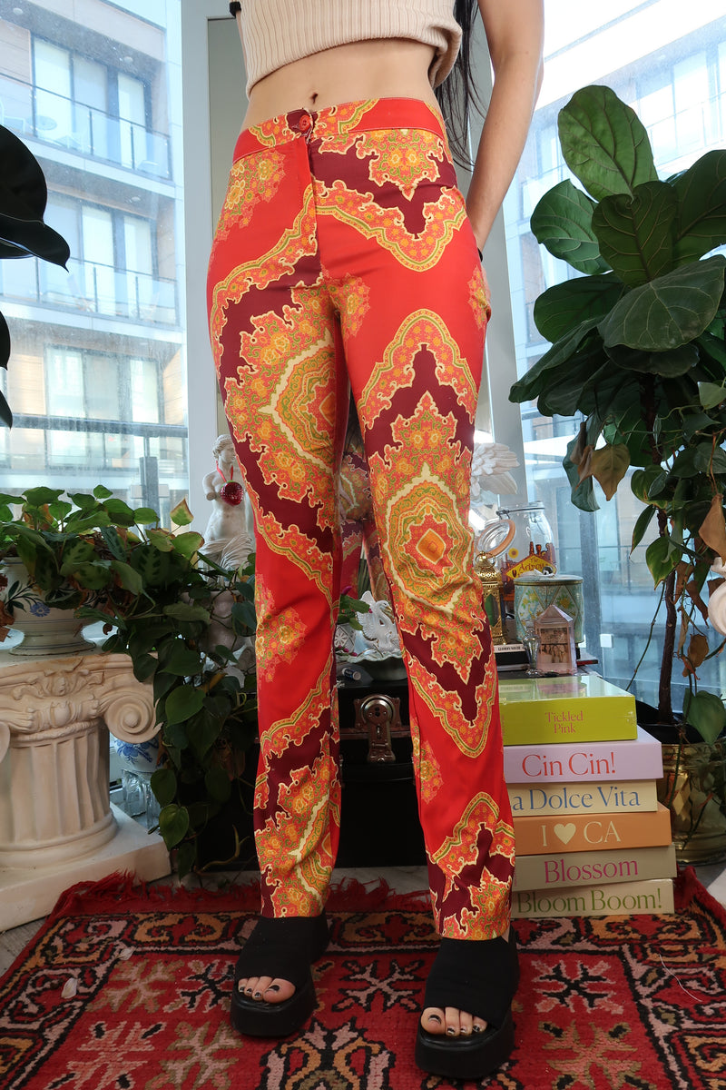 Vintage 2000s Red & Gold Ornate Medallion Print Straight-Leg Pants ...
